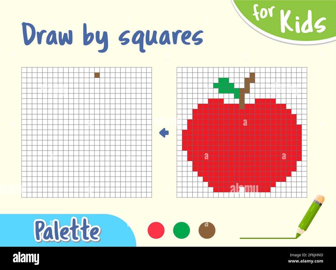 Copy the picture. Game for small children draw an Apple by cells. Red ...