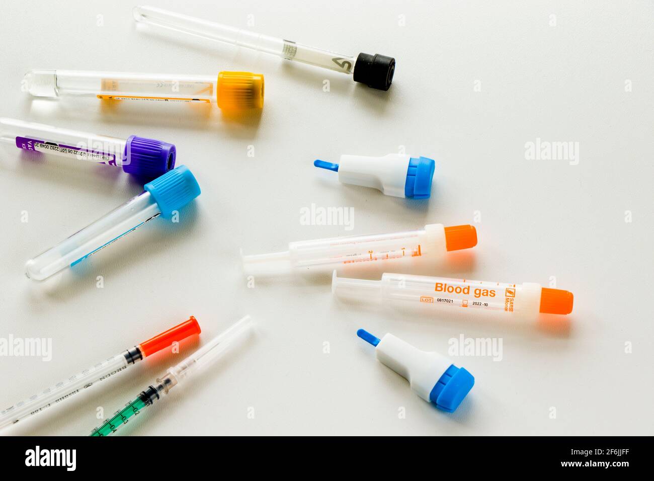 Blood test samples, tube and needle for blood test on the white ...
