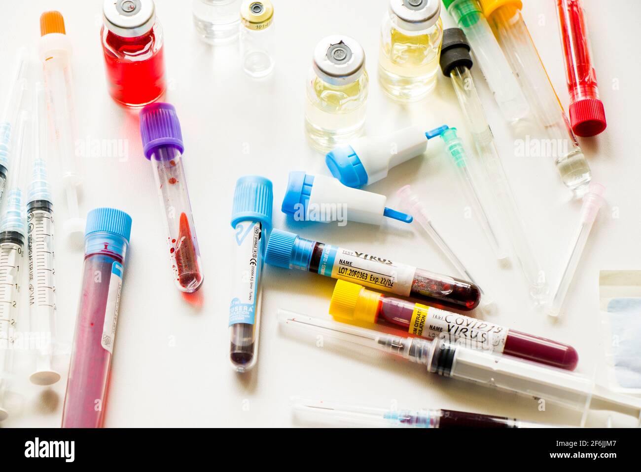 Blood test samples, tube and needle for blood test on the white ...
