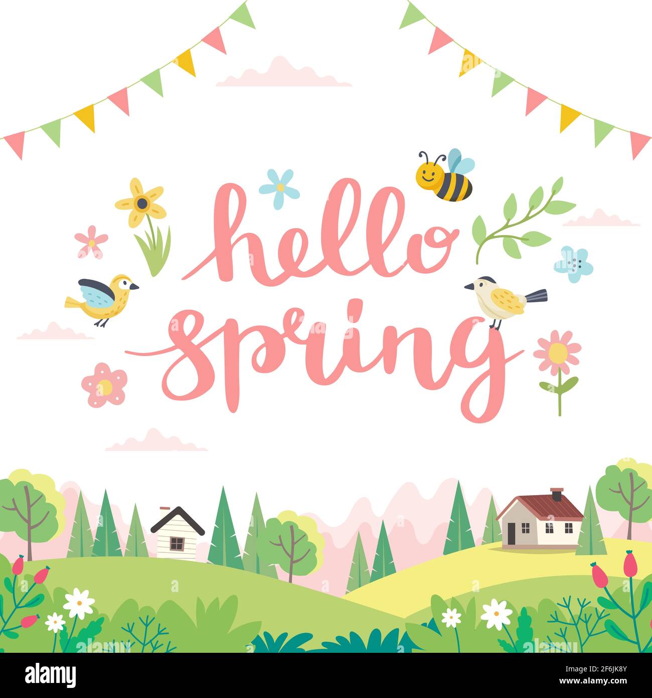 Hello spring card with lettering and cute landscape. Hand drawn flat ...