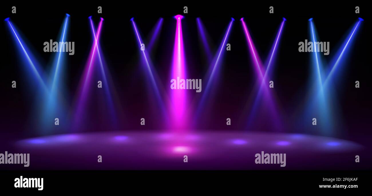 Stage illuminated by blue and pink spotlights. Empty scene with spots ...