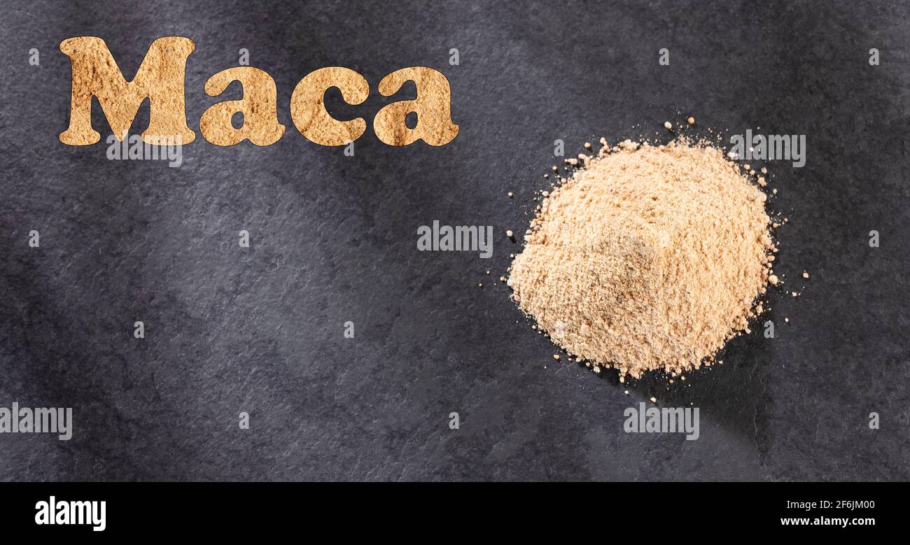 Dry Organic Maca Powder - Lepidium meyenii. Word maca in letters Stock ...