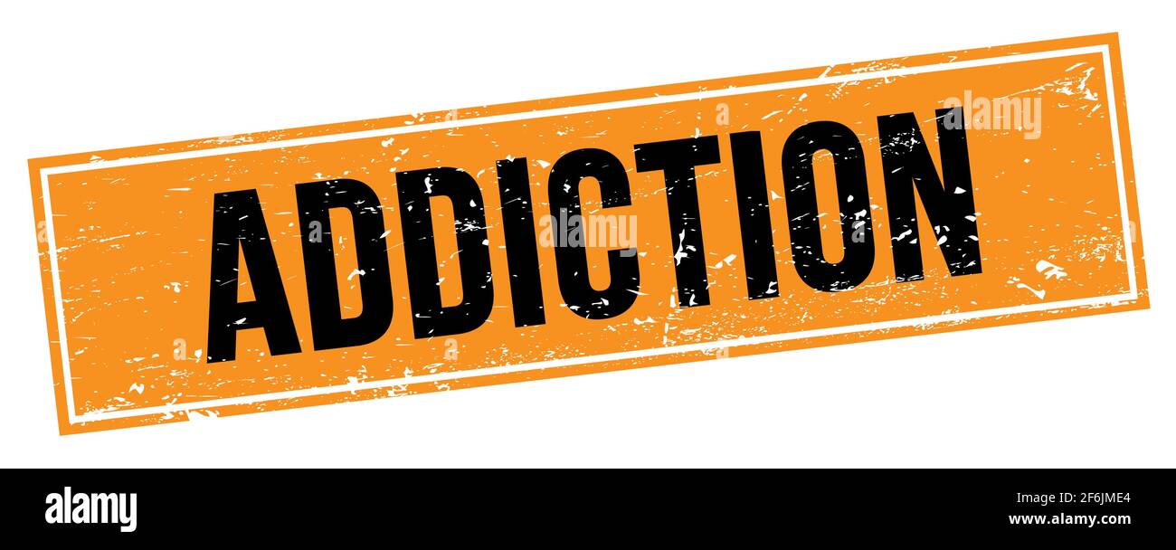 ADDICTION text on black orange grungy rectangle stamp sign Stock Photo ...