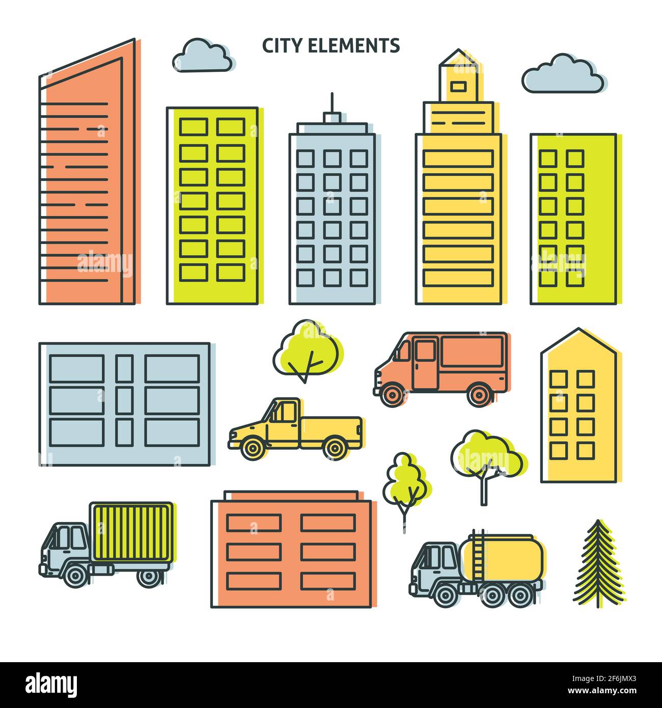 City elements set in thin line style. Collection of urban symbols ...