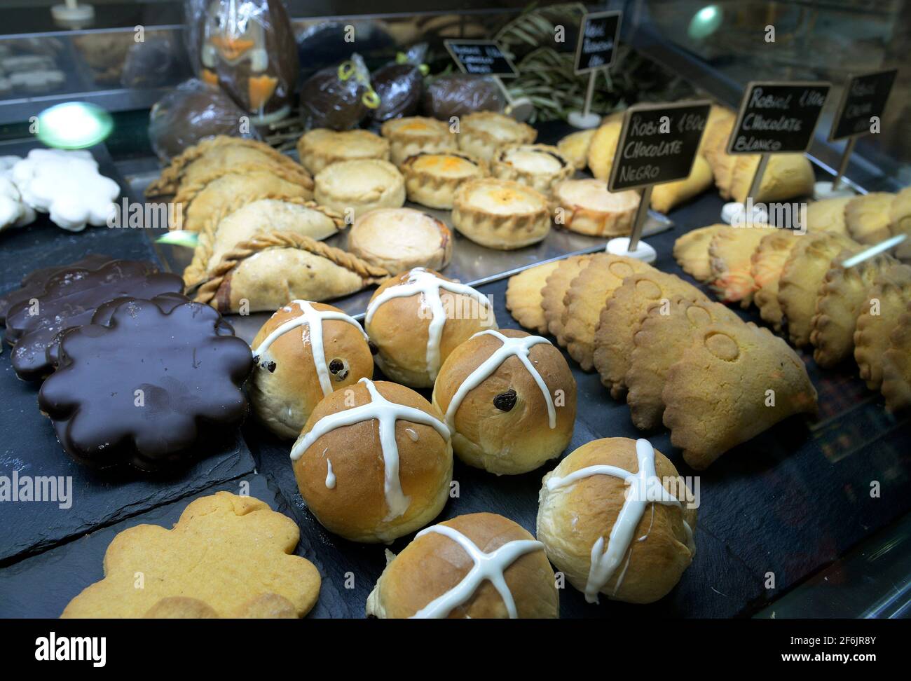 Hot Cross Buns, a typical British sweet that is eaten at Easter in a ...