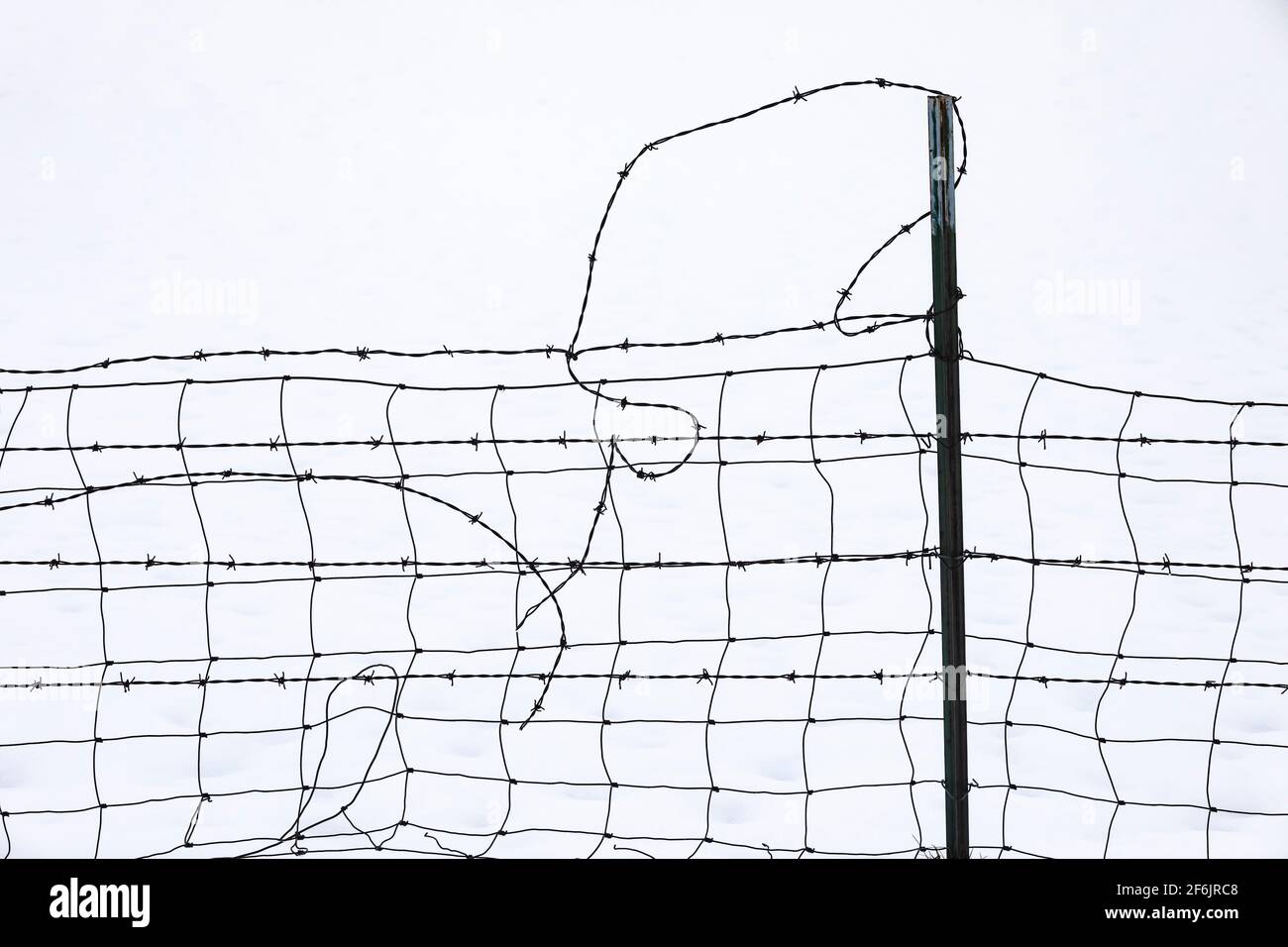 Barbed wire fence with a strand gone astray in central Michigan, USA ...