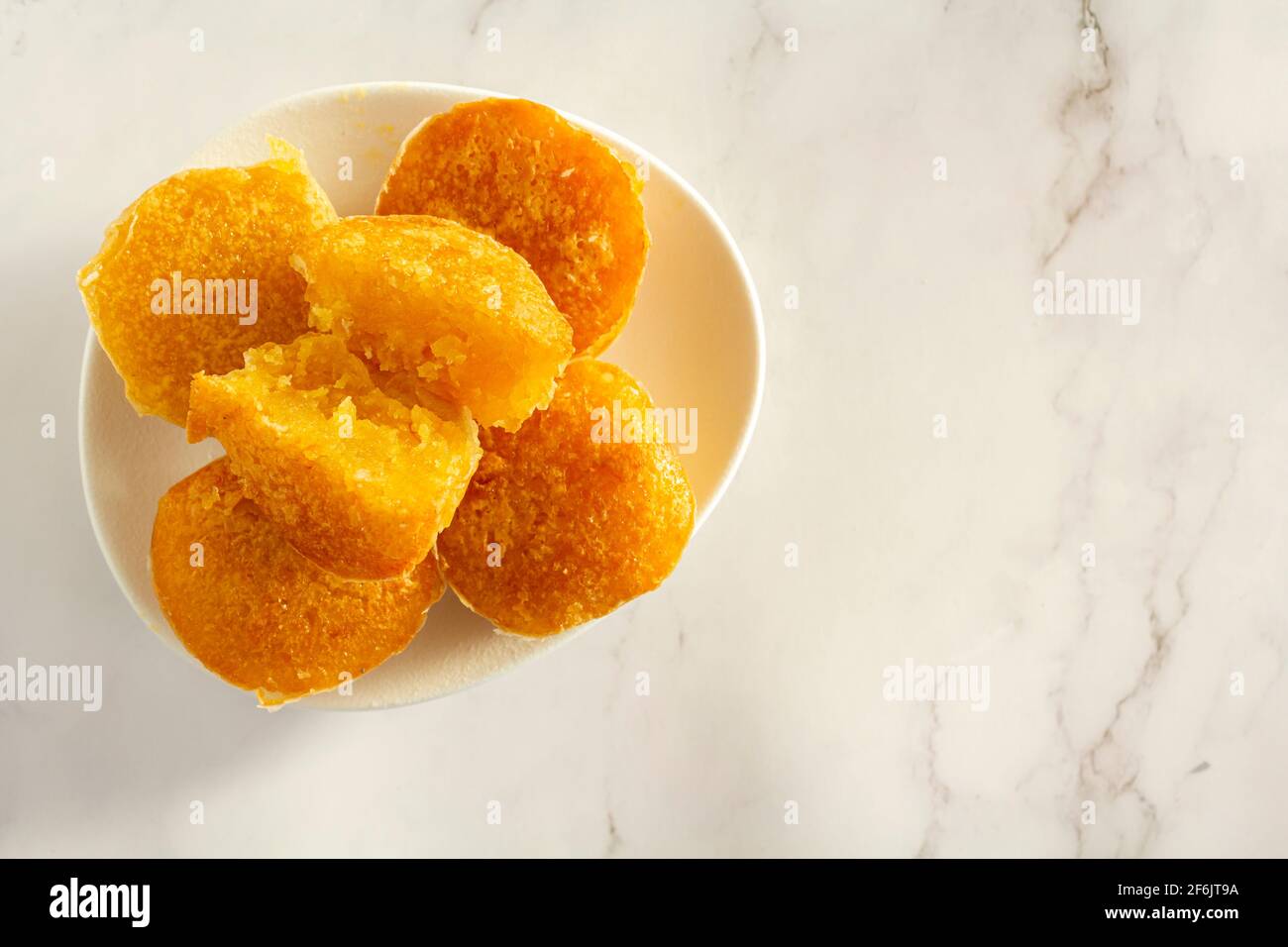 Top view of portuguese sweet bean pastry called Pastel de Feijao on ...