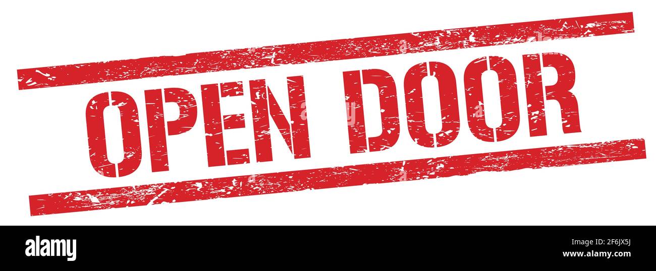 OPEN DOOR text on red grungy rectangle stamp sign Stock Photo - Alamy