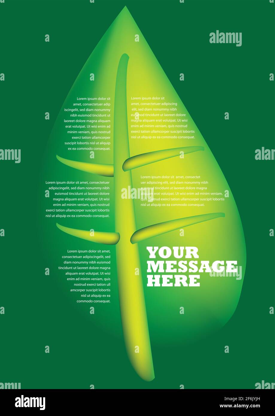 Page layout design with vector illustration of leaf in vibrant green ...