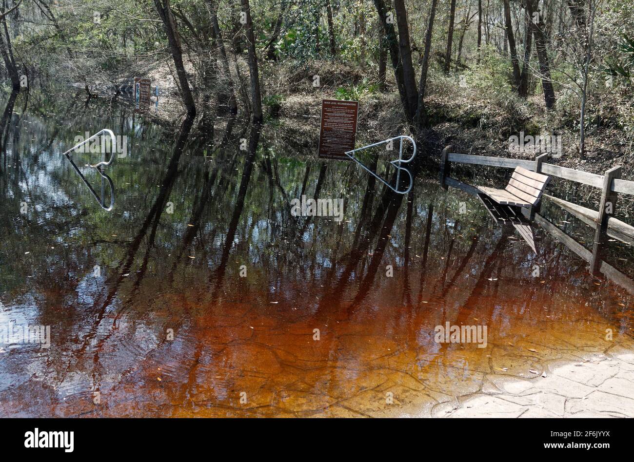 flooding, Suwanee River, high water, railings, bench, partially ...