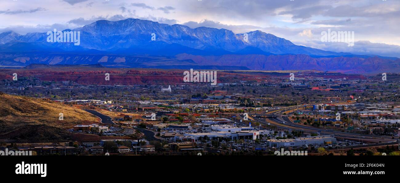 View of St. George Utah valley with Mormon LDS Temple red rocks and ...