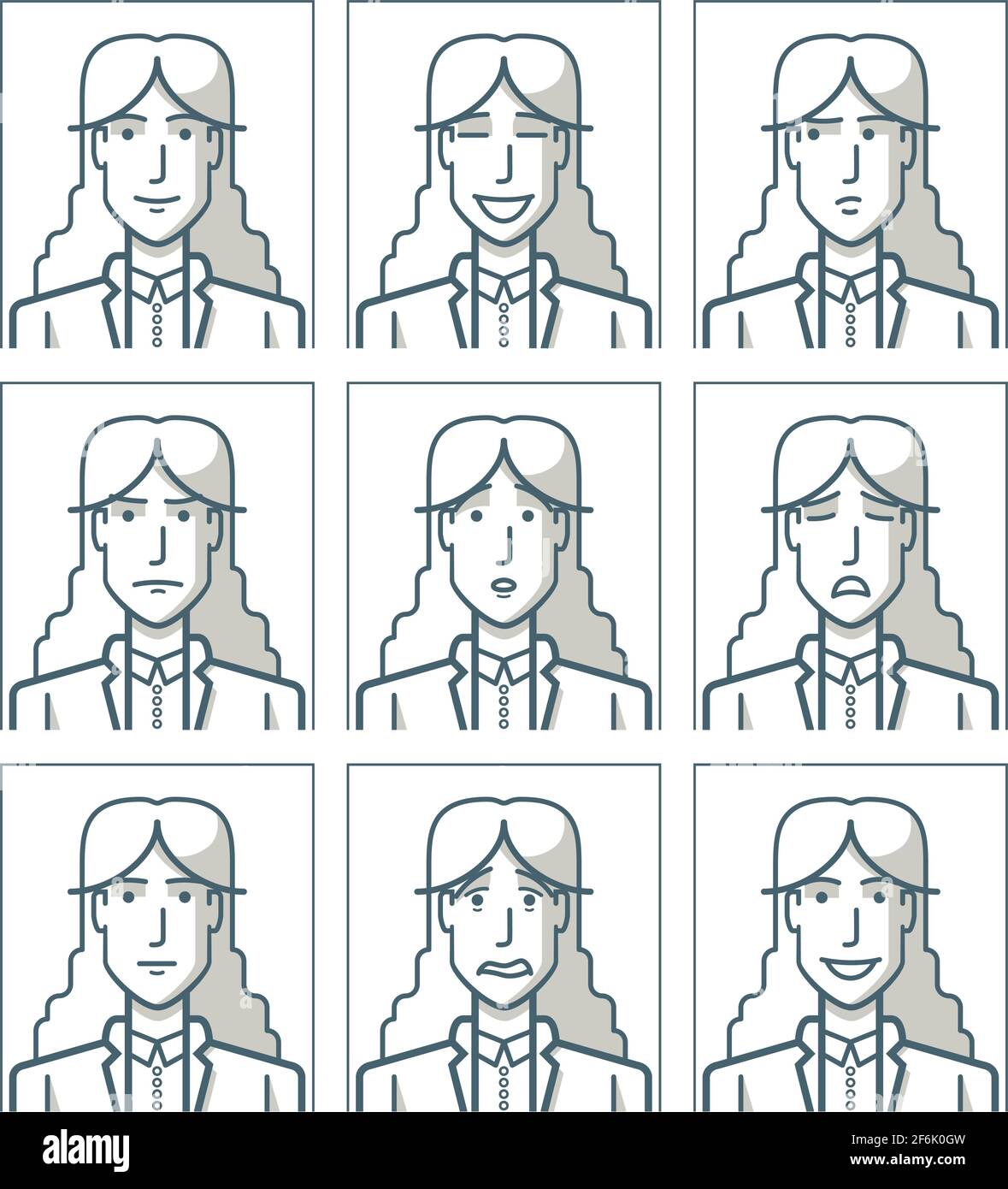 Nine drawings of a young businesswoman with different facial ...