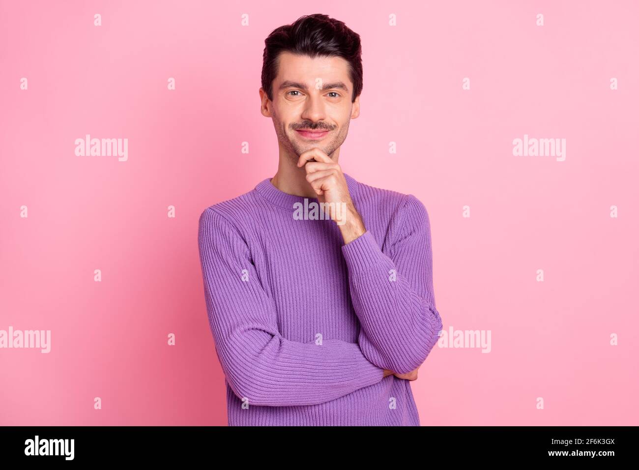 Portrait of attractive cheerful smart clever guy thinking deciding ...