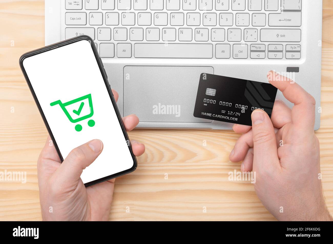 Online paying shopping, electronic payment with credit card, cell phone ...