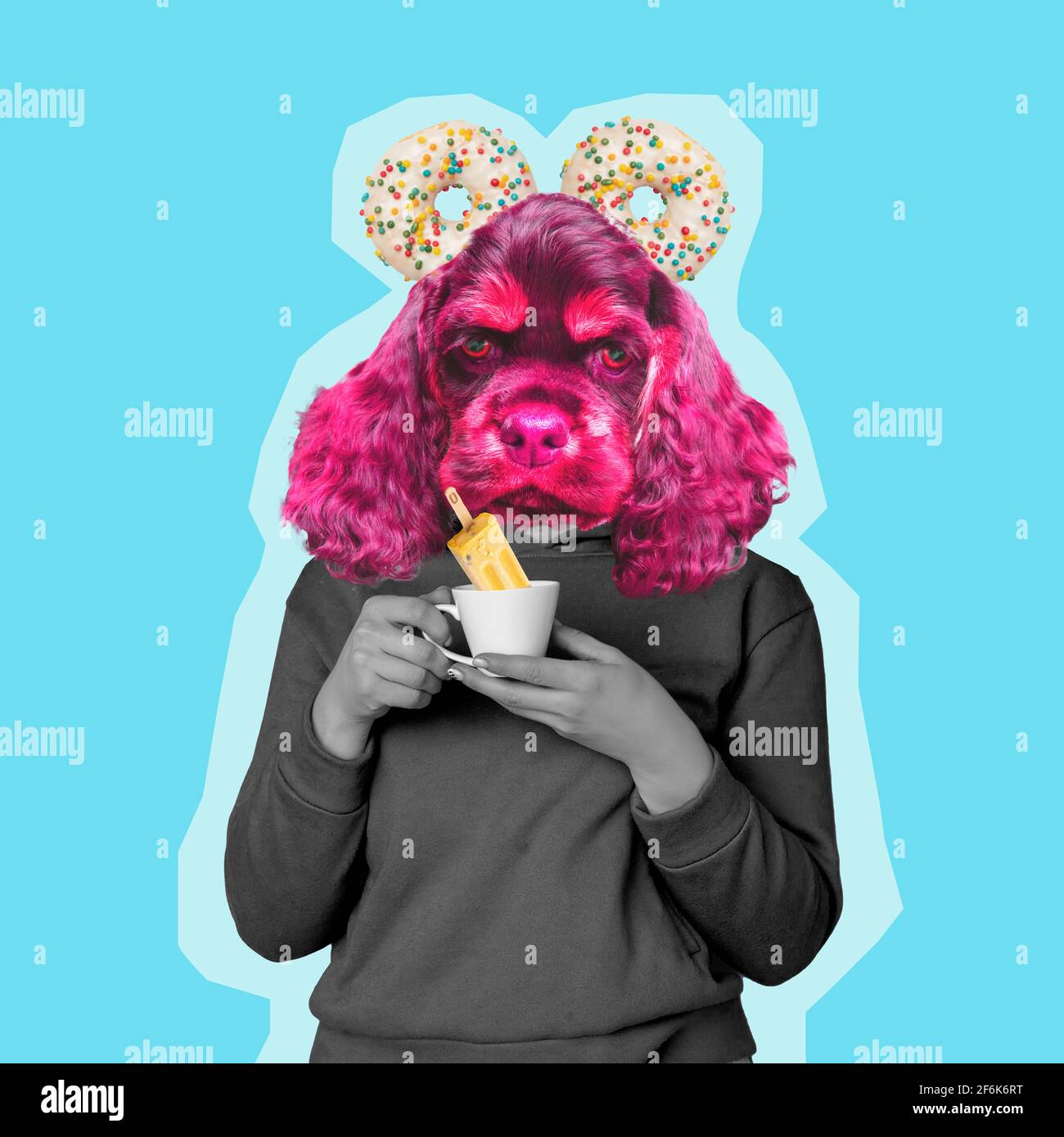 Art collage. Young girl headed of dog's head isolated over light blue ...