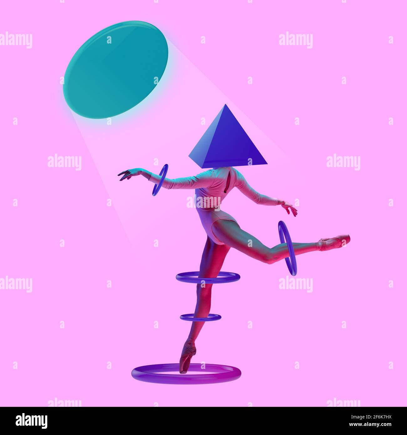 Young female ballet dancer headed of geometric object on light pink ...