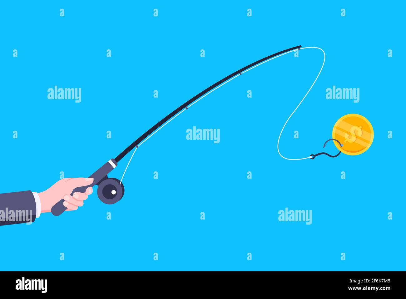 Money bait and money trap business concept. Hand holds fishing rod with ...