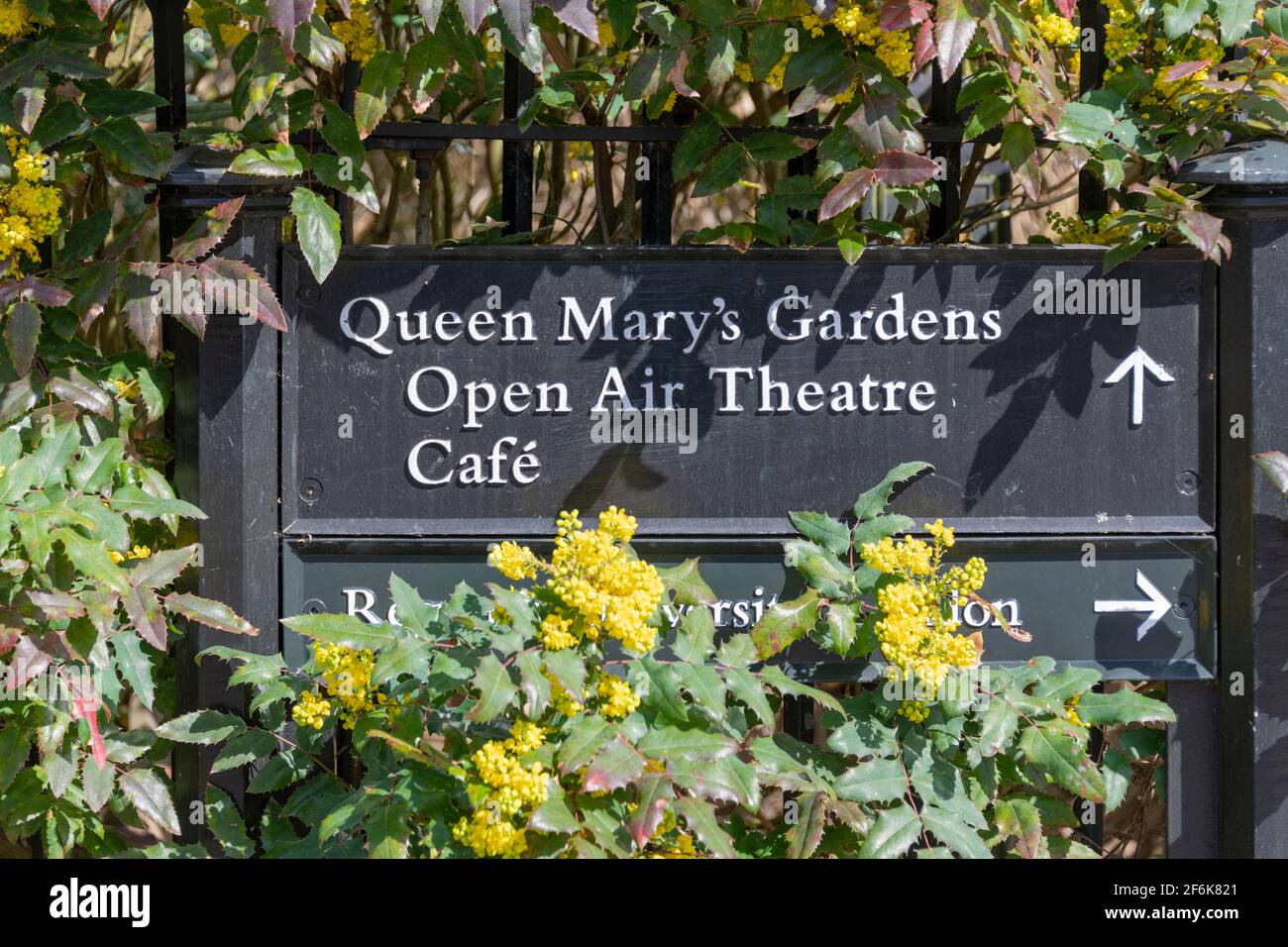 Regents park london uk sign for queen marys gardens open hi-res stock ...
