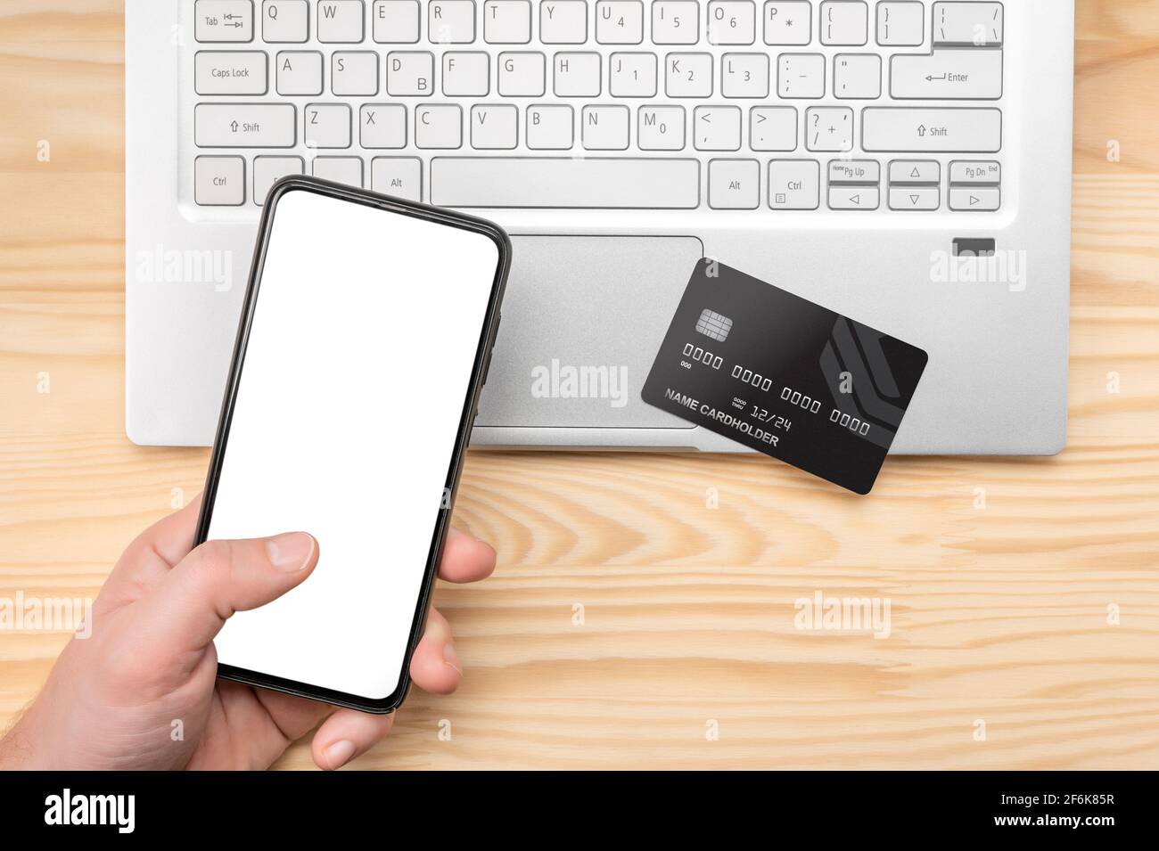 Online paying shopping, electronic payment with credit card, cell phone ...