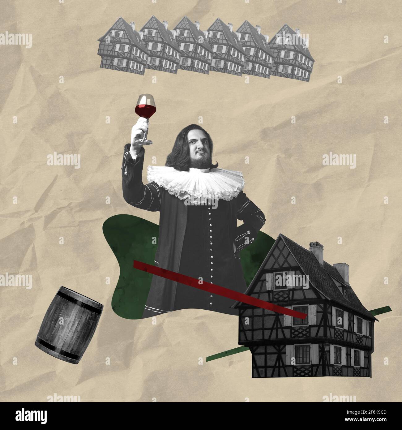 Contemporary art collage. Medieval man as a royalty person in vintage ...