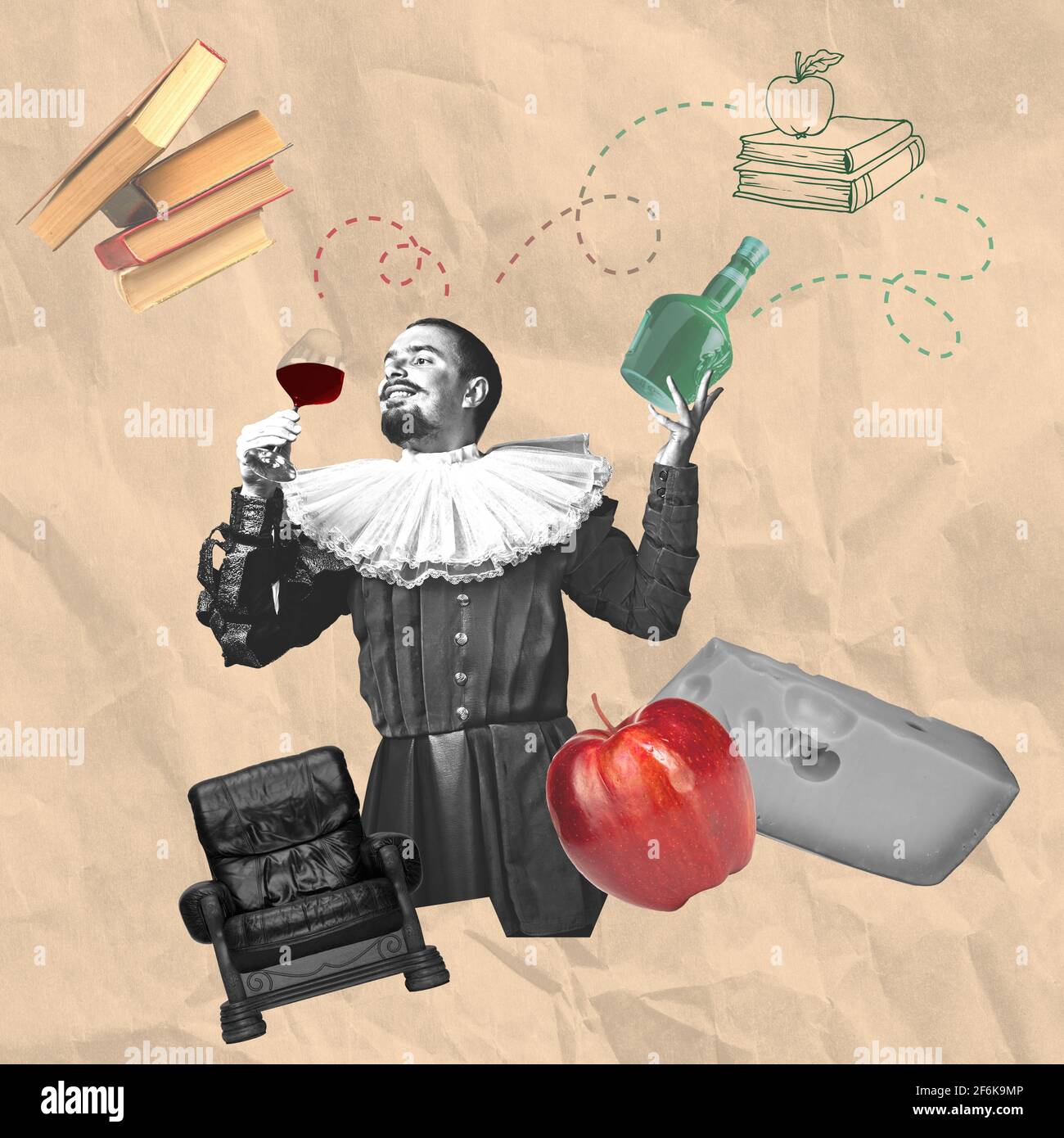 Contemporary art collage. Medieval man as a royalty person in vintage ...