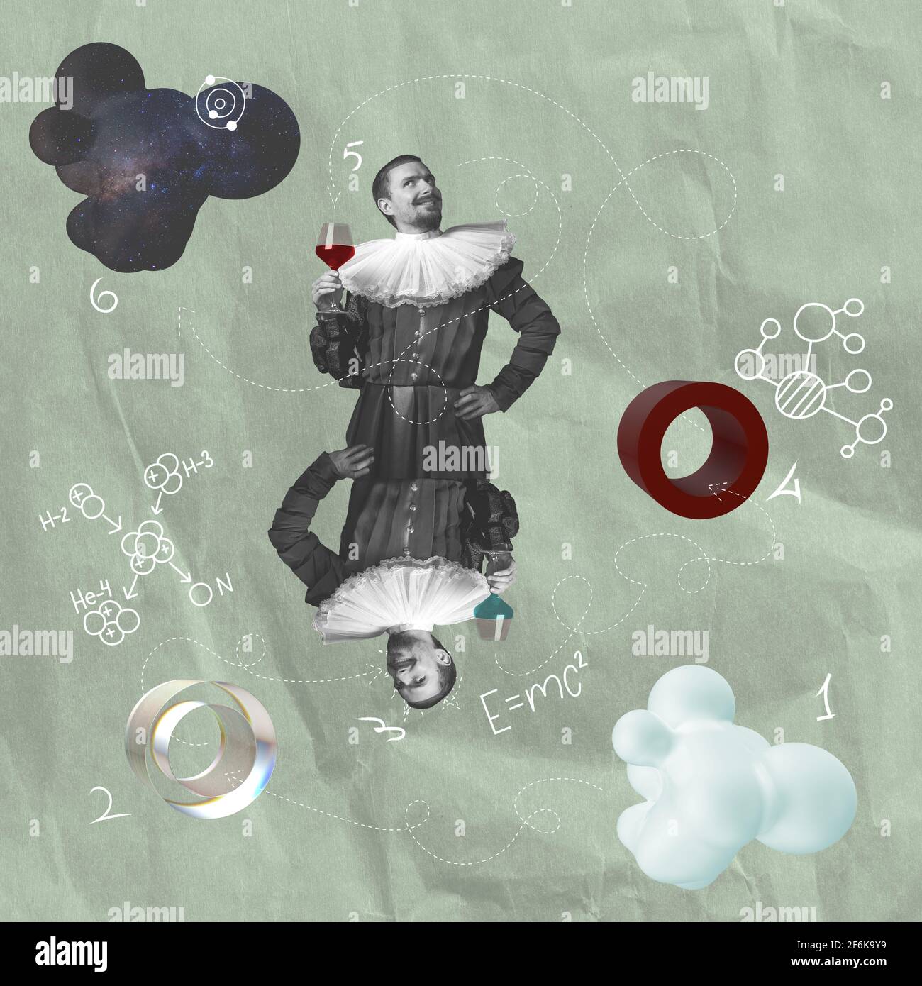 Contemporary art collage. Medieval man as a royalty person in vintage ...