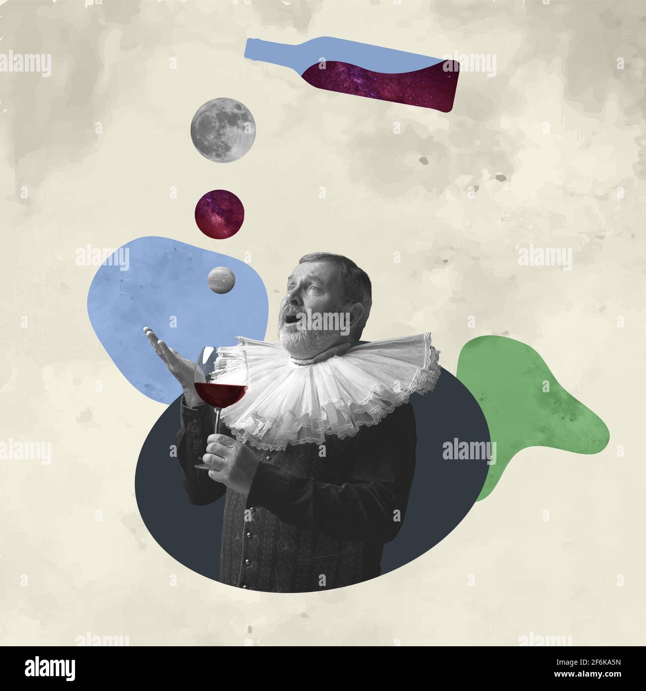 Contemporary art collage. Medieval man as a royalty person in vintage ...