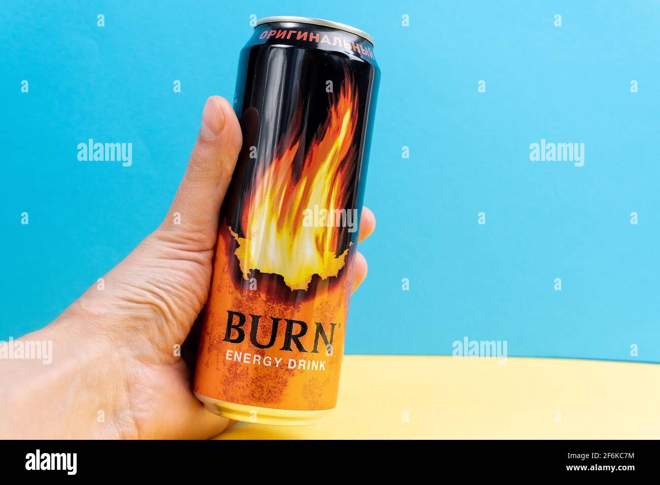 Tyumen, Russia-December 10, 2020: Energy drink BURN in an aluminum can ...