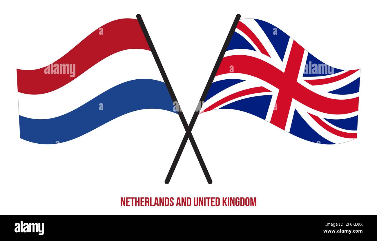 Netherlands and United Kingdom Flags Crossed And Waving Flat Style ...