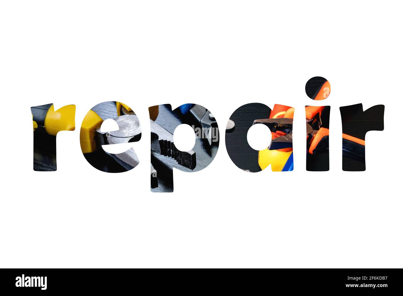 Word repair made from heap of work tools isolated on white background ...