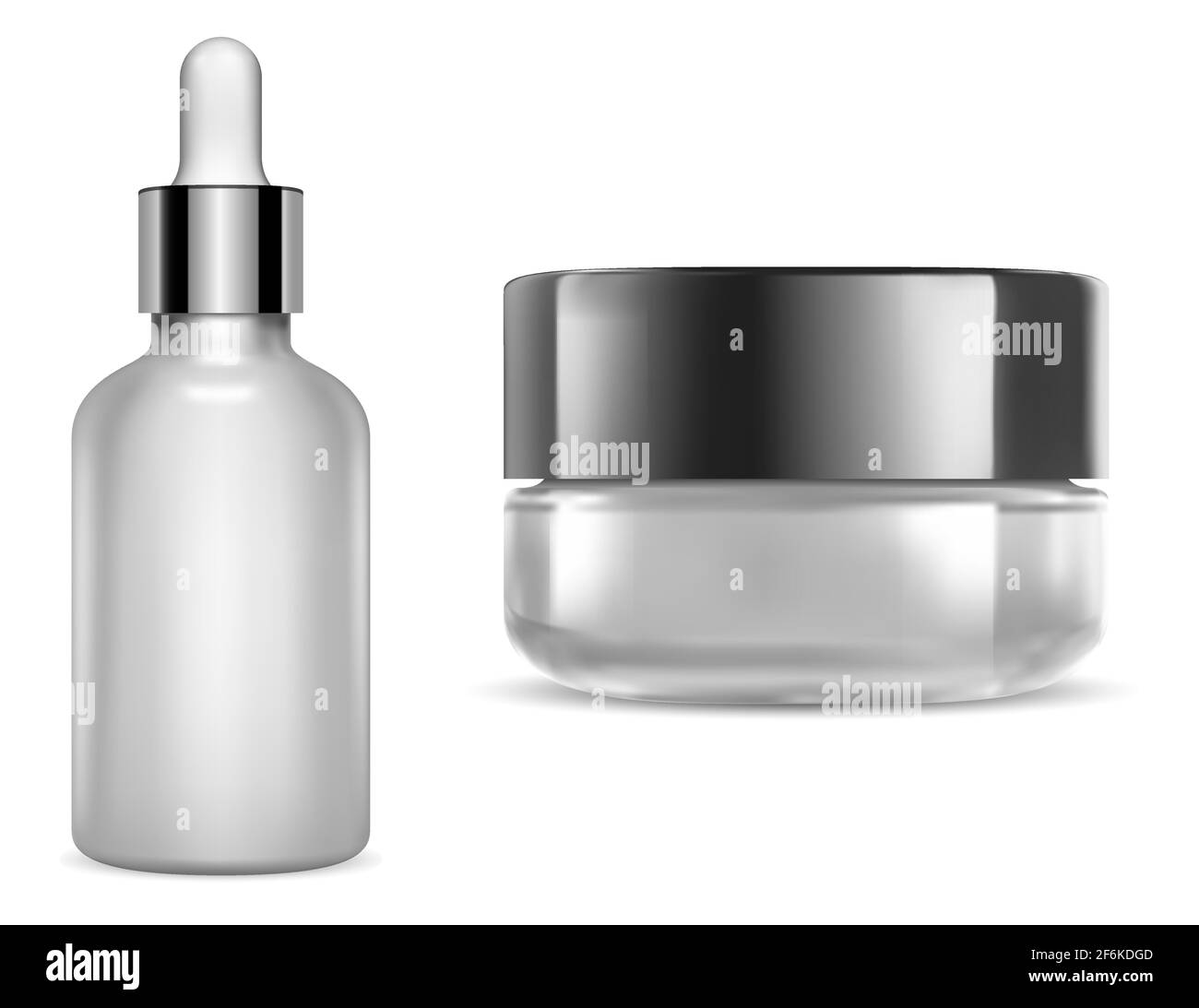 Cream jar, serum dropper. Round creme pack, transparent glass lotion ...