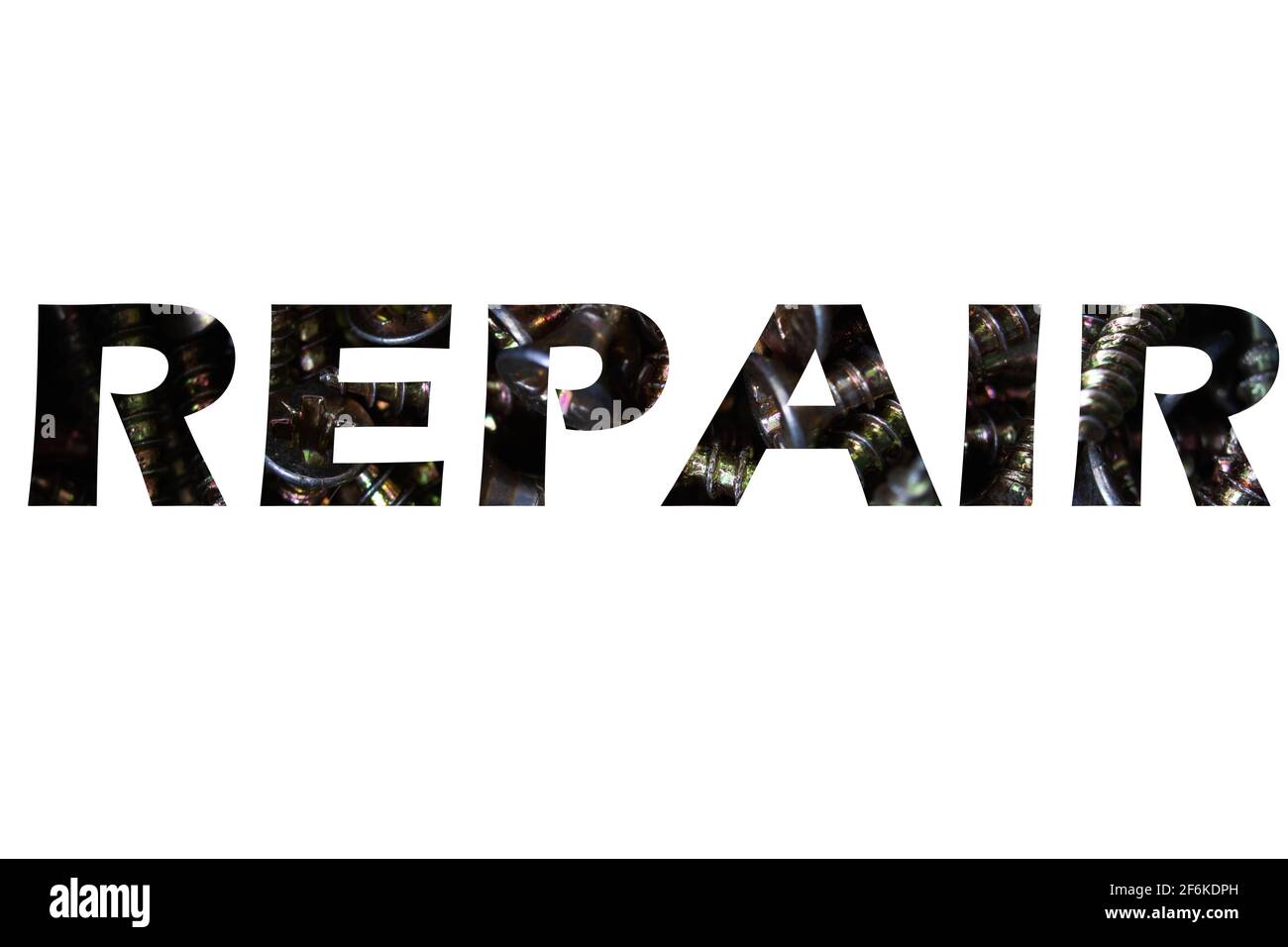 Word repair made from heap of screws isolated on white background Stock ...