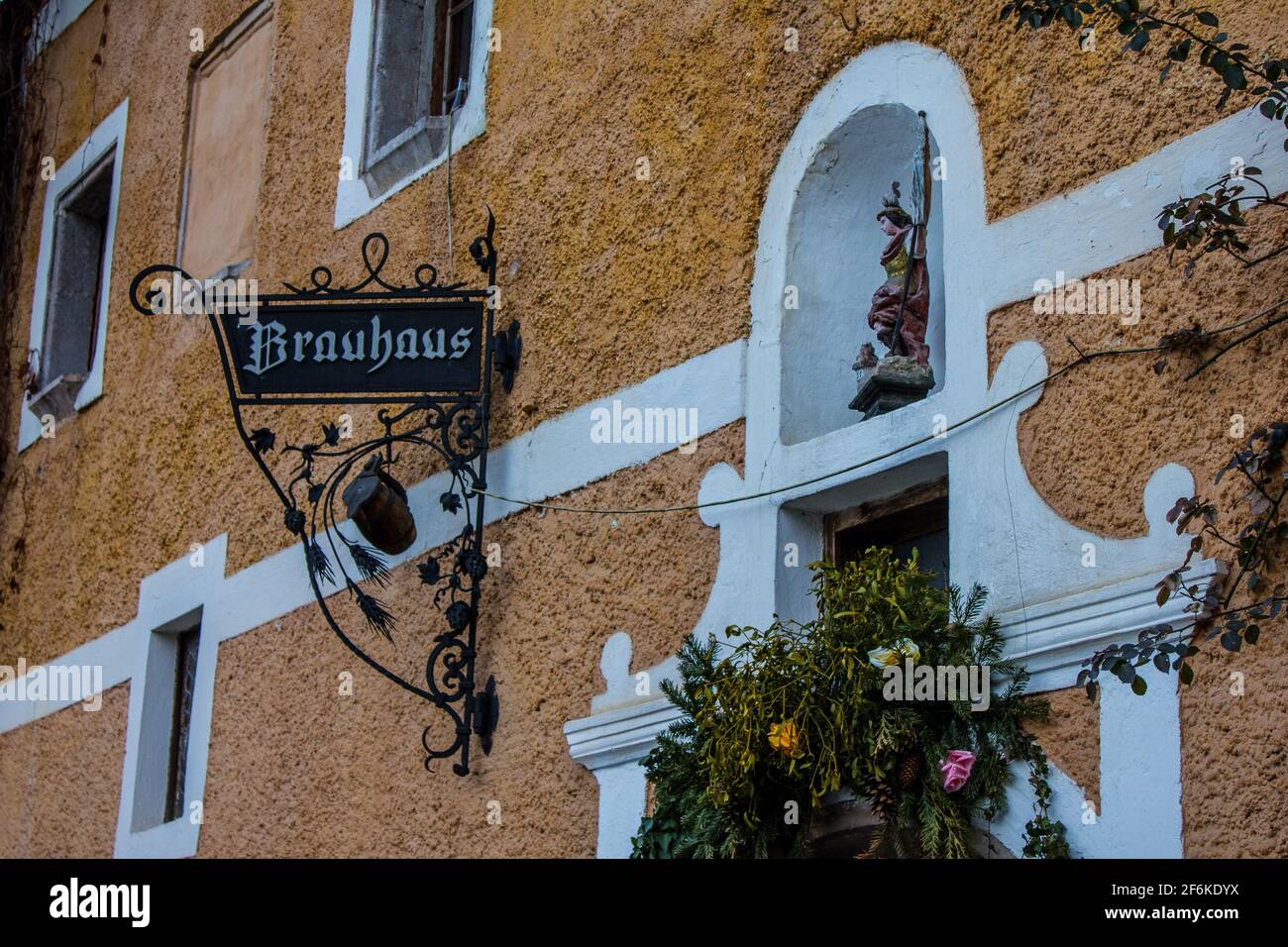 Hallstatt, Austria - March 4, 2017: View of an Entrance to the Brauhaus ...