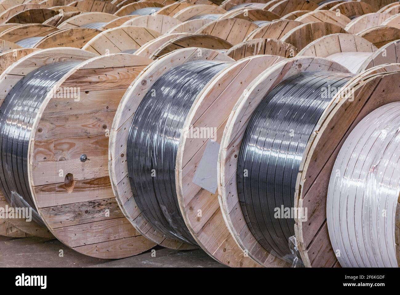 Large wooden spools with cable inside of the plant storage Stock Photo ...