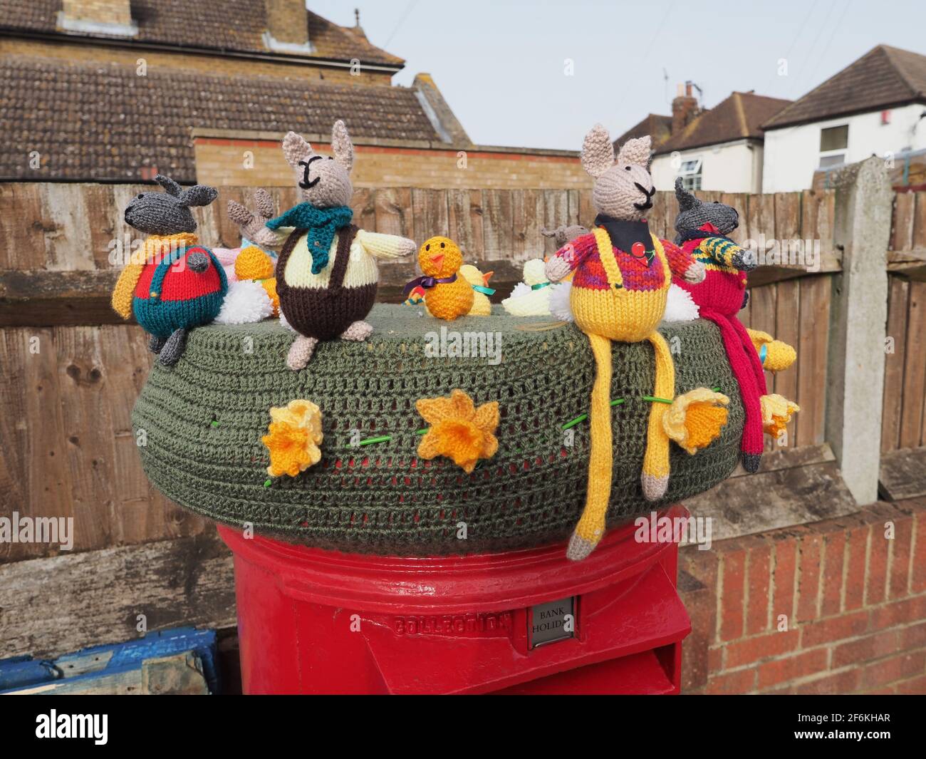 Upchurch, Kent, UK.1st April 2021. An Easter themed crocheted post box ...