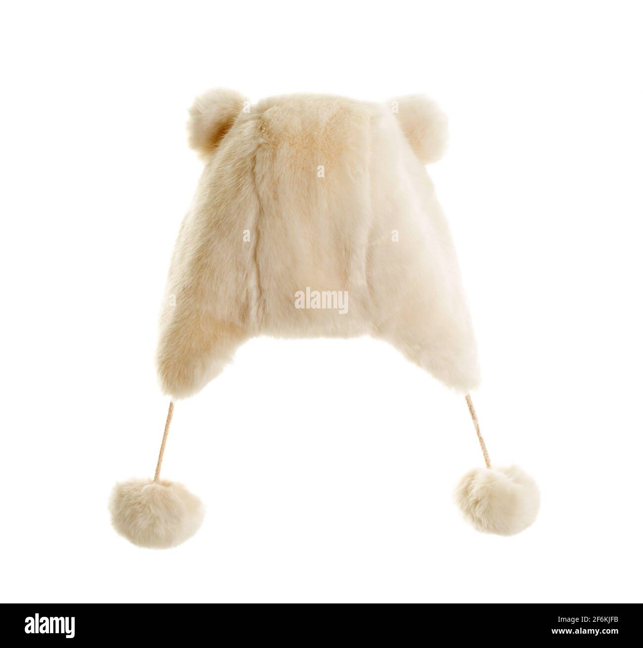 White fur cap with pompons and ears. Back side. Isolated on a white ...