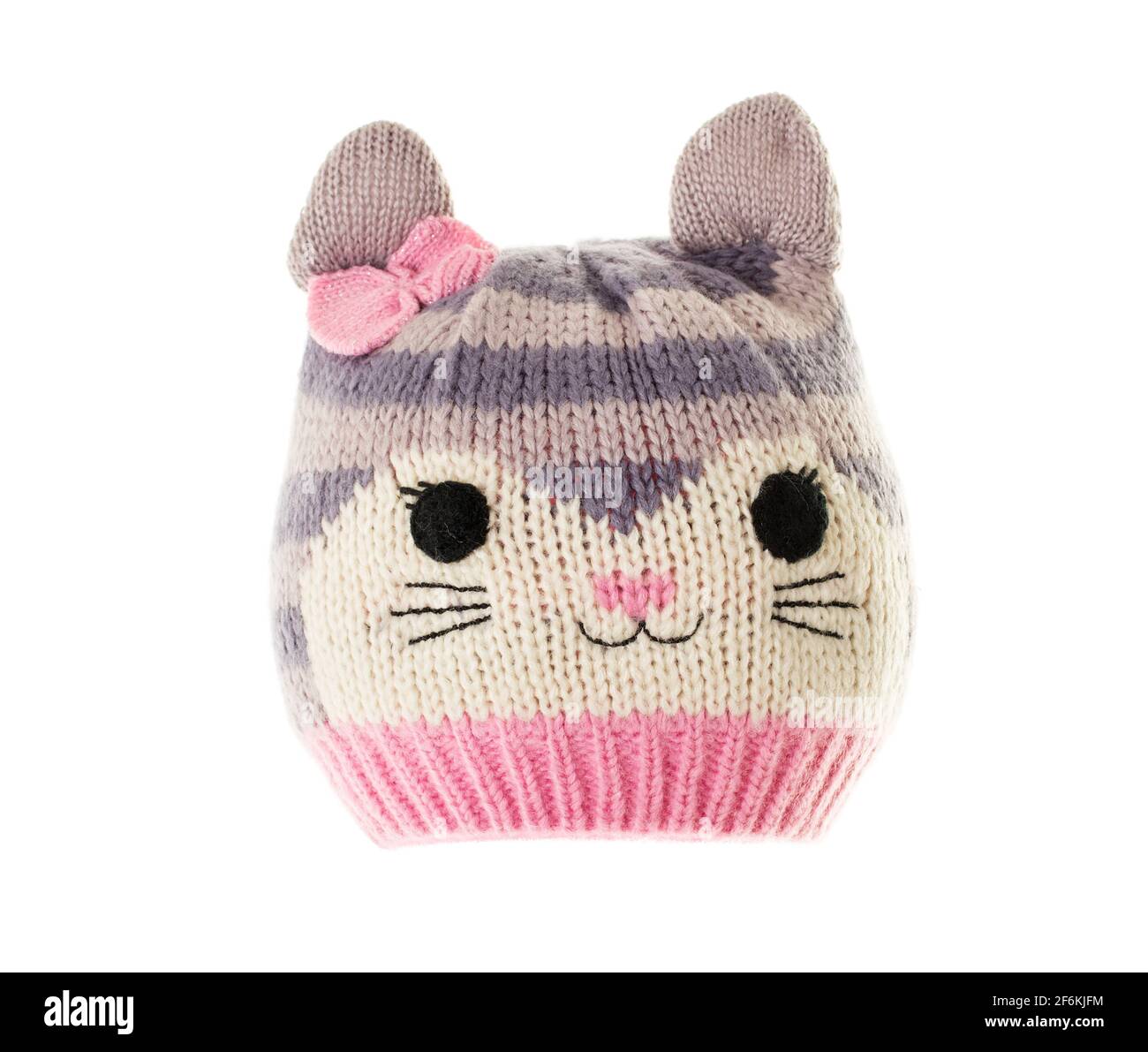 Knitted wool cat ear cap with cat face on top. Front side. Isolated on ...