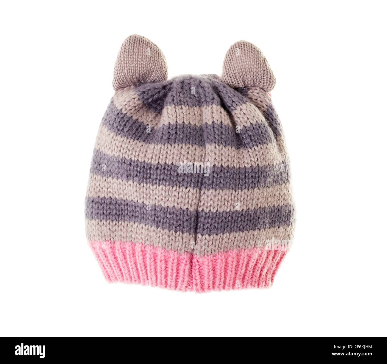 Knitted wool cat ear cap with cat face on top. Back side. Isolated on a ...