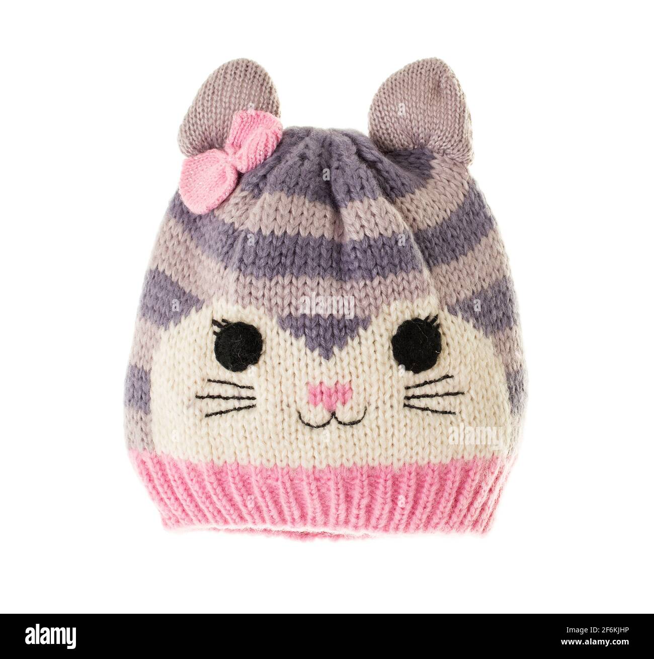 Knitted wool cat ear cap with cat face on top. Front side. Isolated on ...