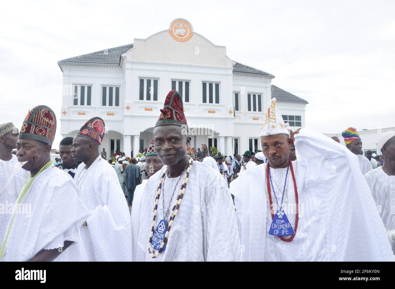 Ooni of Ife chiefs (Sooko) in their traditional costume during the ...