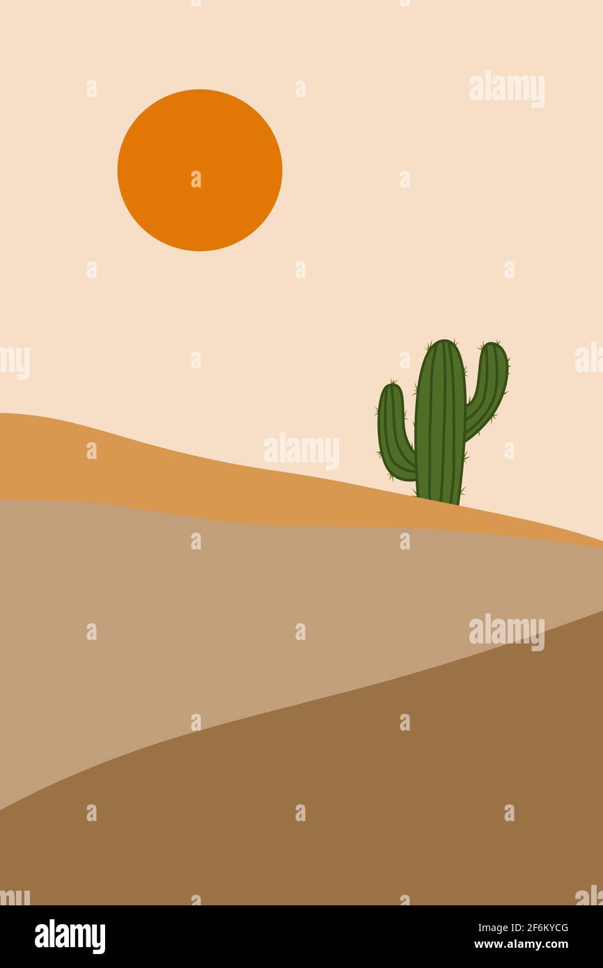 Cartoon desert landscape with cactus and hills. Color illustration ...