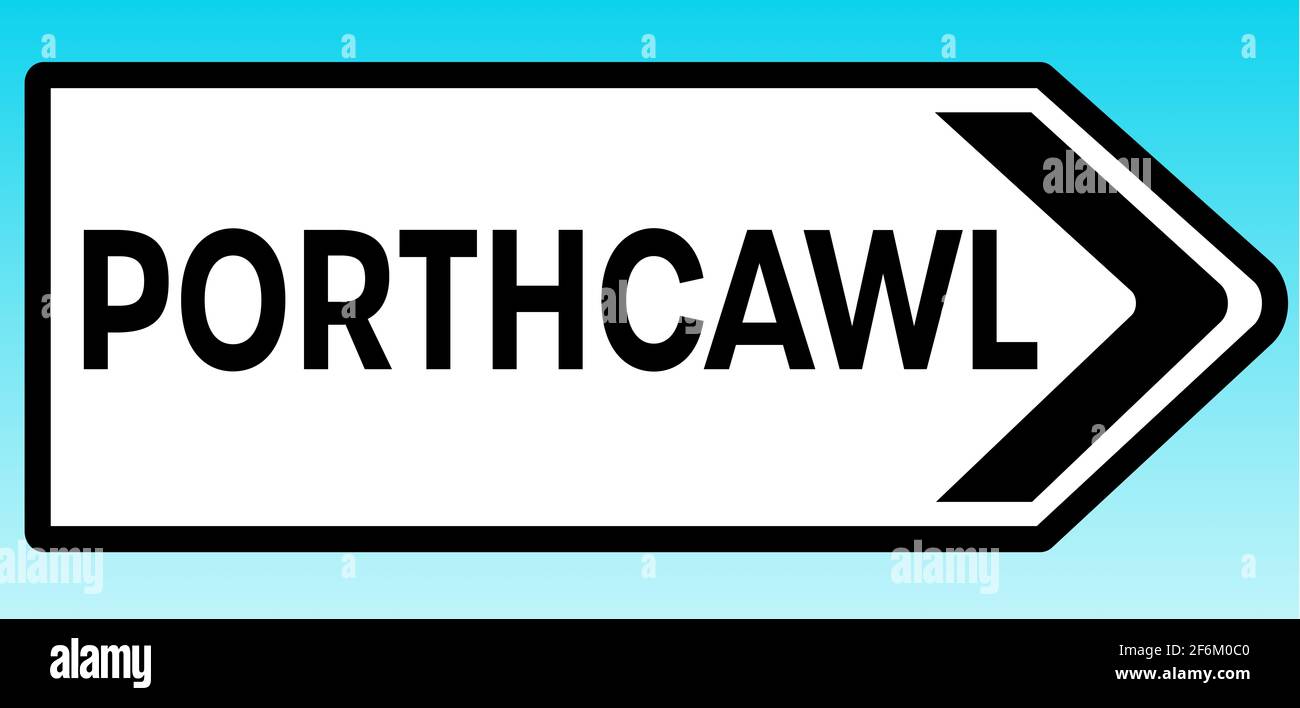 A graphic illlustration of a British road sign pointing to Porthcawl ...