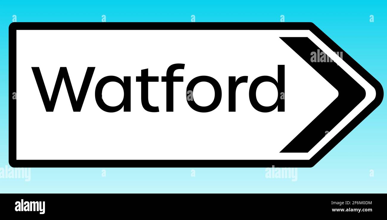 A graphic illlustration of a British road sign pointing to Watford ...