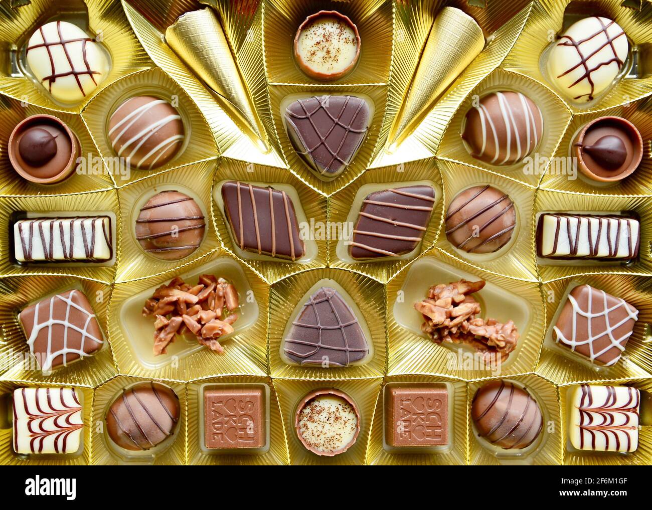 Selection of fine milk and dark chocolate belgian pralines, top view ...