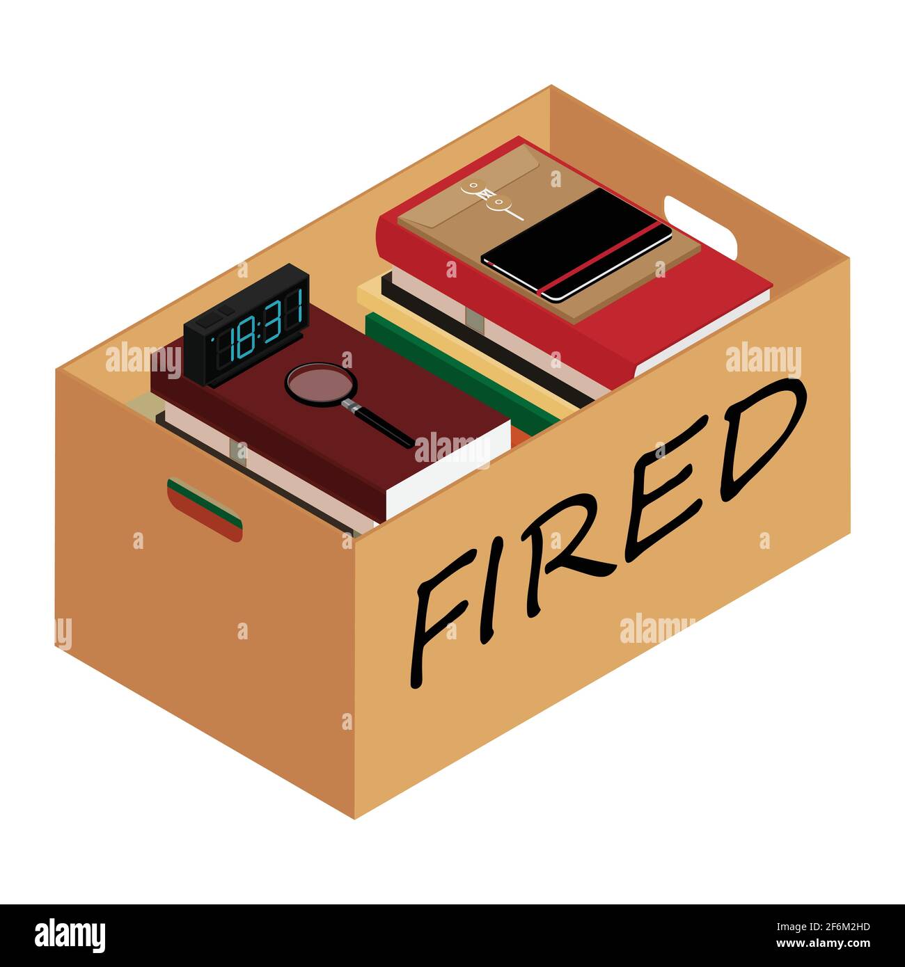 Getting fired. Carton box with personal items, stuff. Last day of work ...