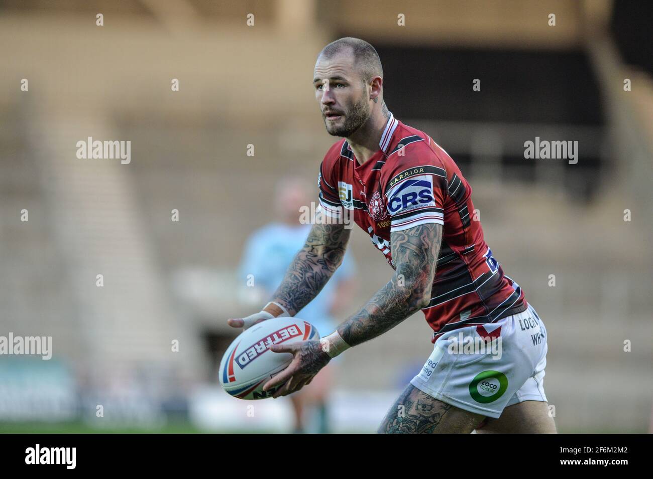 St. Helens, England - 1st April 2021 - Zak Hardaker of Wigan Warriors in action during the Rugby ...