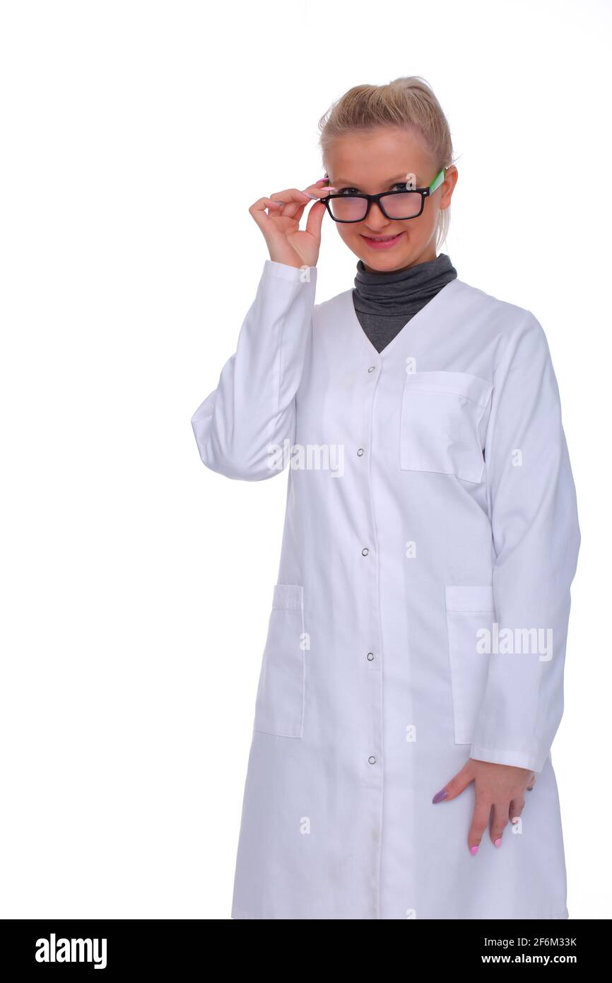 Twenty year old lady doctor in stands wearing a doctor's apron. Front ...