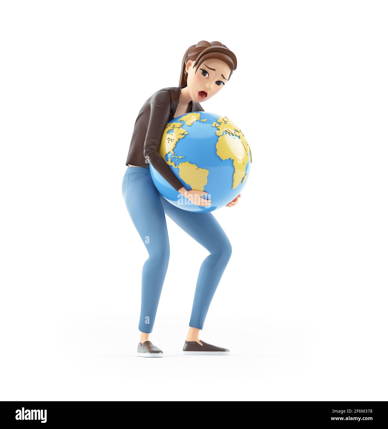 3d cartoon woman lifting heavy earth, illustration isolated on white ...