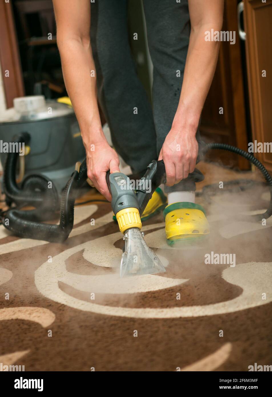 The process of cleaning carpets with a steam vacuum cleaner. An ...
