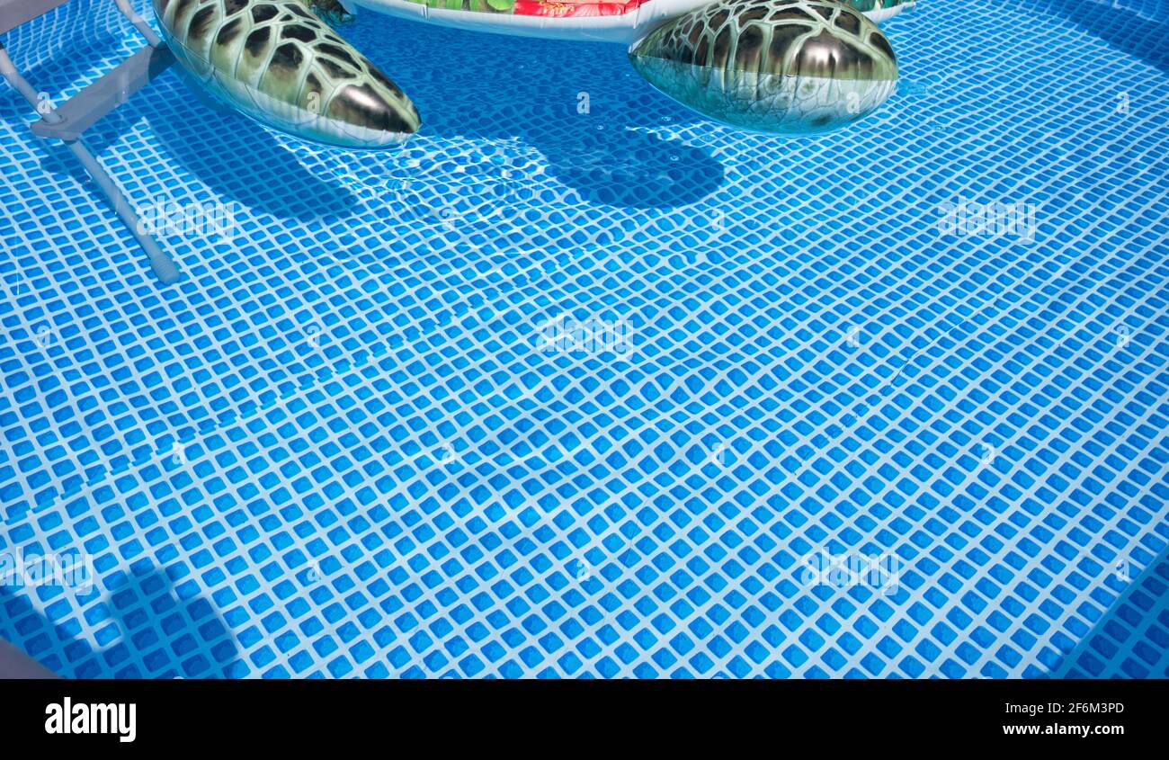 Detail of a blue portable swimming pool at home with a small ladder and ...